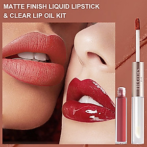 KIMIEYE 6 Colors Liquid Lipstick with Clear Lip Gloss Set, Long Lasting Waterproof Lip Tint Stain with Shimmer Oil for Natural Lip Look, Dual-ended Design, Matte Finish, Non-sticky, 0.8 fl oz
