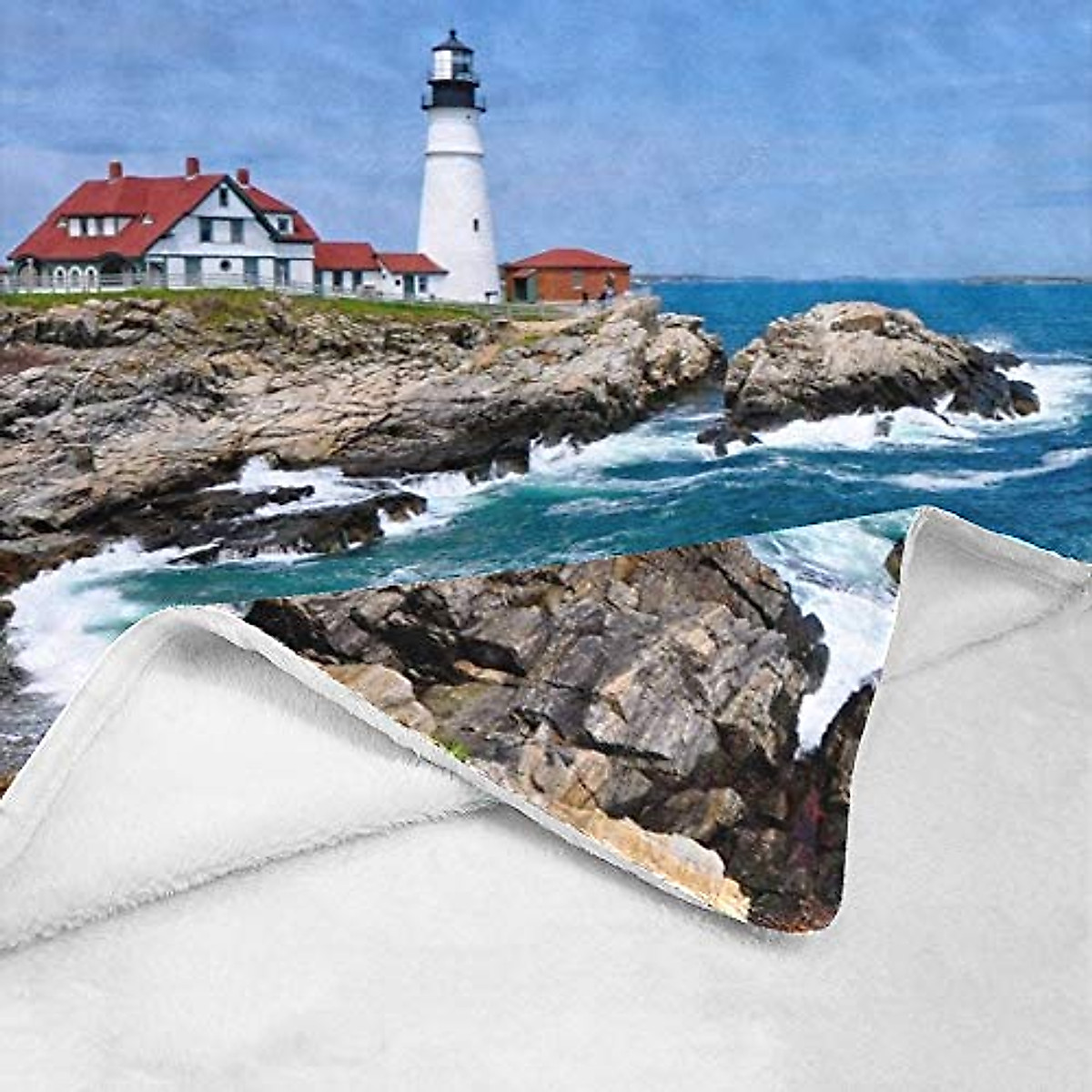 CUXWEOT Custom Blanket with Name Text,Personalized Beautiful Sea Lighthouse Super Soft Fleece Throw Blanket for Couch Sofa Bed (50 X 60 inches)
