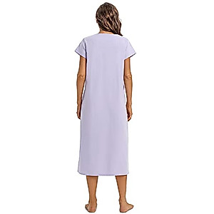 QRRLUEN Women's Nightgown Short Sleeve Cotton Mid Length Sleepwear Soft Comfy Button Loungewear Night Dress lilac colour