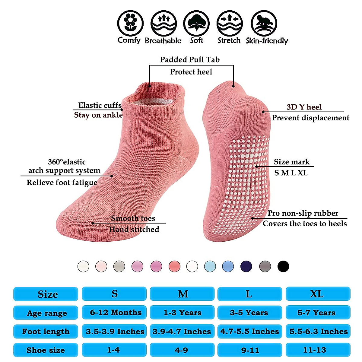 Dicry Toddler Non-Slip Ankle Socks Baby Anti-skid Grips Socks for Infant Kids (1-3T, Multi 12 Pairs)