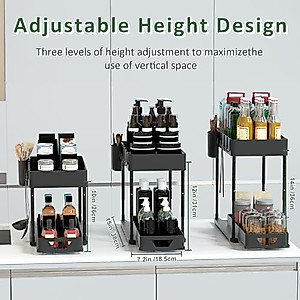 seasky Under Sink Organizers and Storage 2 Pack, 2 Tier Adjustable Height Sliding Bathroom Organizer, Kitchen Organizer Multipurpose Under Sink Cabinet Storage with 8 Hooks and 2 Hanging Cup