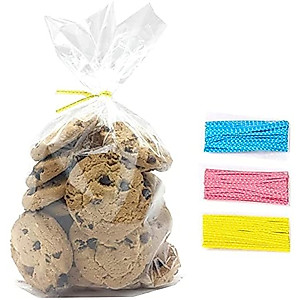 100 Pcs 10 in x 6 in Clear Flat Cello Cellophane Treat Bags Good for Bakery, Cookies, Candies ,Dessert(by Brandon)1.4mil.Give Metallic Twist Ties!