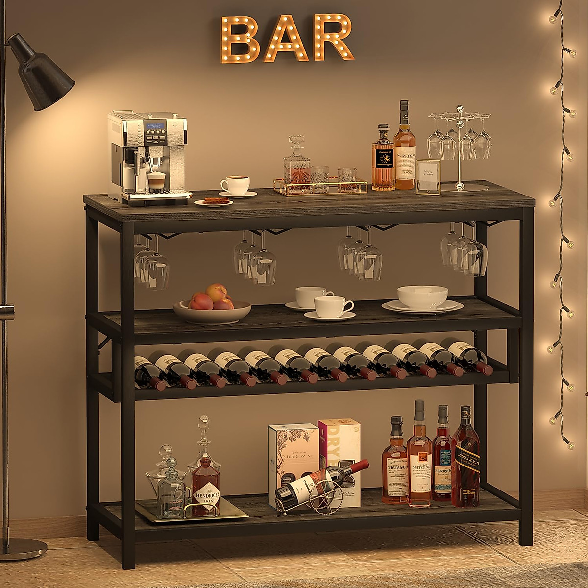 LVB Wine Rack Table, Liquor Bar Cabinet Freestanding Floor, Wooden Rustic Wine Storage with Wine Shelf and Glass Holder, Metal and Wood Modern Wine Cabinet for Home with Bottle Rack, Dark Gray Oak