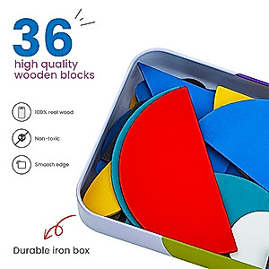 LiKee Wooden Pattern Blocks Jigsaw Puzzle Montessori Toys Sorting and Stacking Games for Toddlers Kids Boys Girls Age 3+ Years Old (36 Shape Pieces& 60 Design Cards)