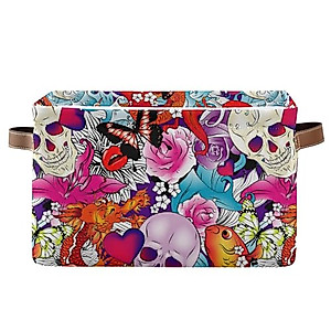 Skull Flowers Butterflies Storage Basket Bins Foldable Toy Baskets Organization with Handles Laundry Hamper for Home Boys Girls Office Closet Shelf Nursery Baskets,1 pcs