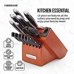 Farberware Edgekeeper Professional 15-piece Forged Triple Riveted Knife Block Set with Built-in Edgekeeper, Black