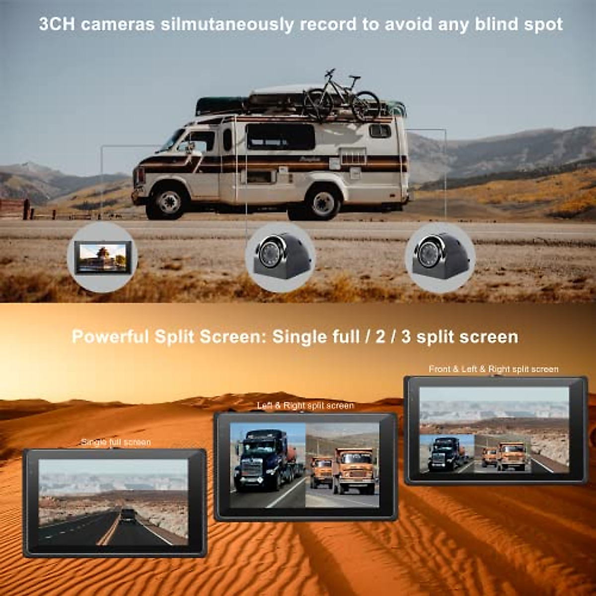 VSYSTO Upgrade 3CH Truck Dash Camera System DVR Recorder Waterproof Vehicle Backup Camera 1080P Front&Sides&Rear View Security Camera for Semi Truck Trailer Van RVs 3.0'' Monitor Infrared Night Vision