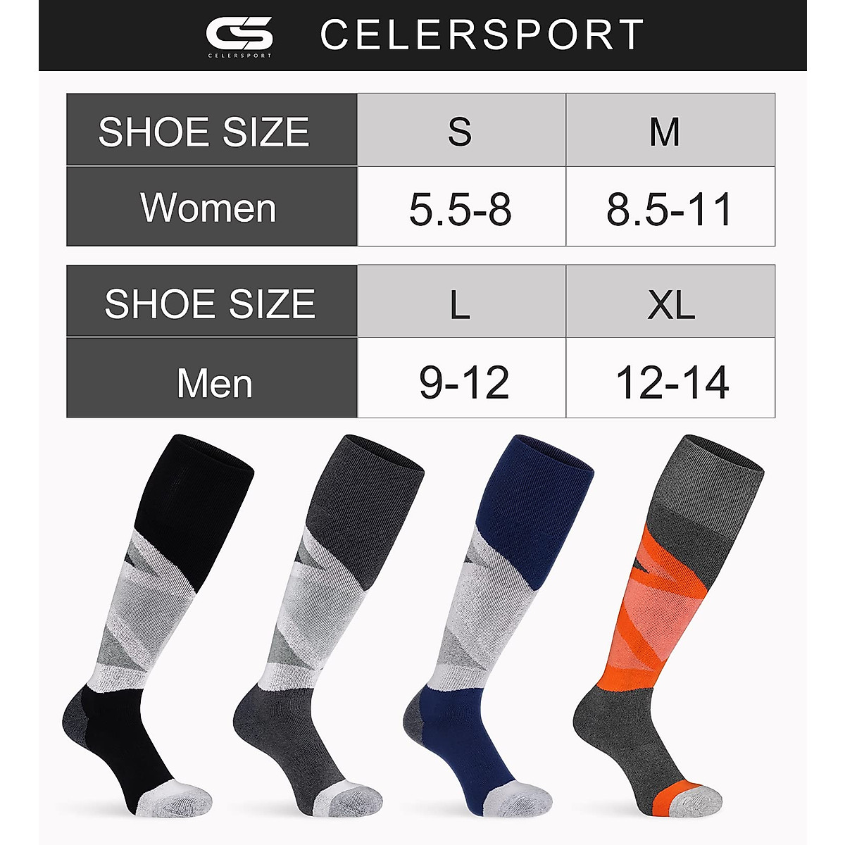 CS CELERSPORT 2 Pack Merino Wool Men's Ski Socks with Full Cushion, Winter Warm Thermal Socks for Skiing Snowboarding, Black + Navy Blue, X-Large