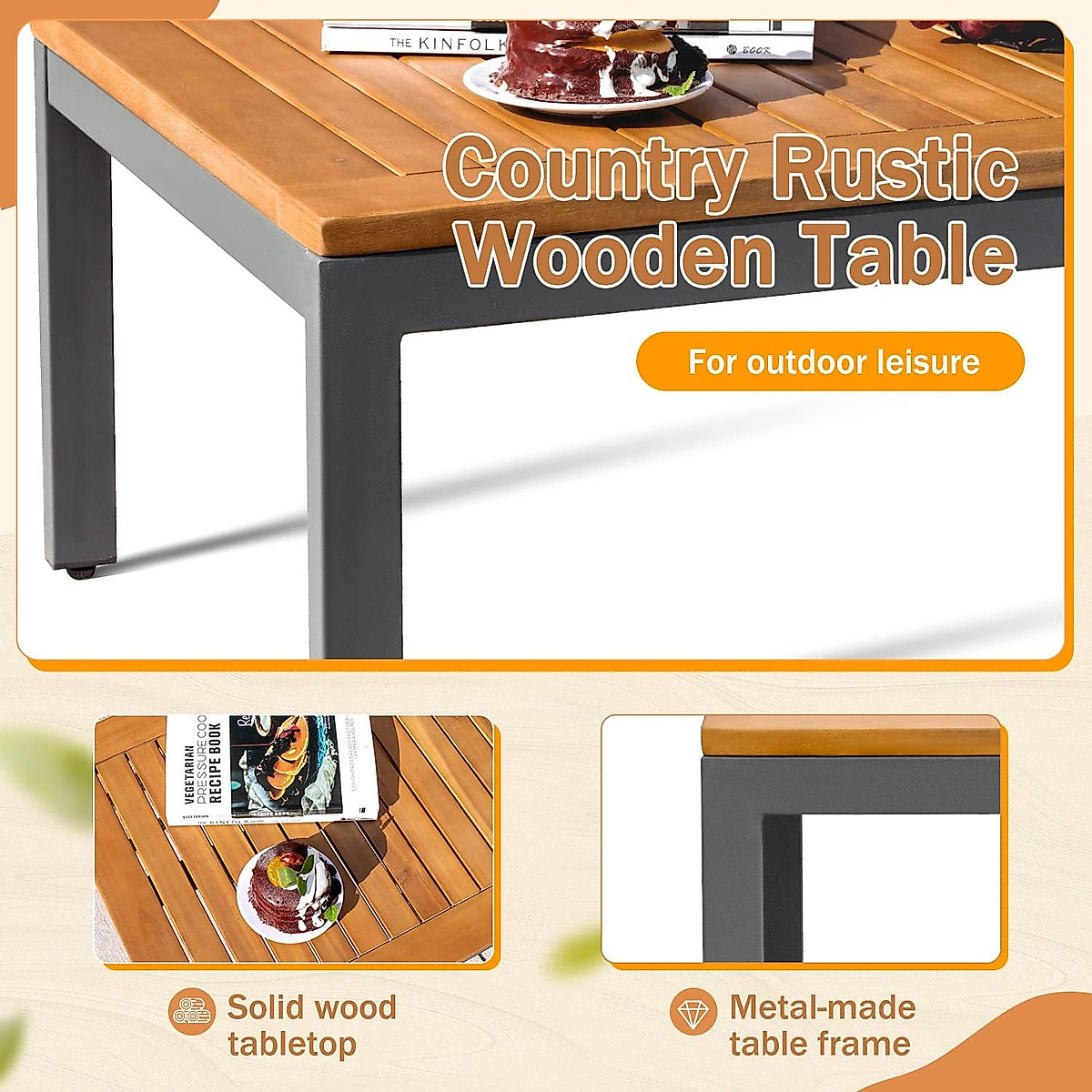 Greesum 4 Piece Furniture Patio Lounge Conversation Set Solid Wood Armrest & Table Top Anti-Drop Thick Waterproof Cushion, Onesize, Light Beige