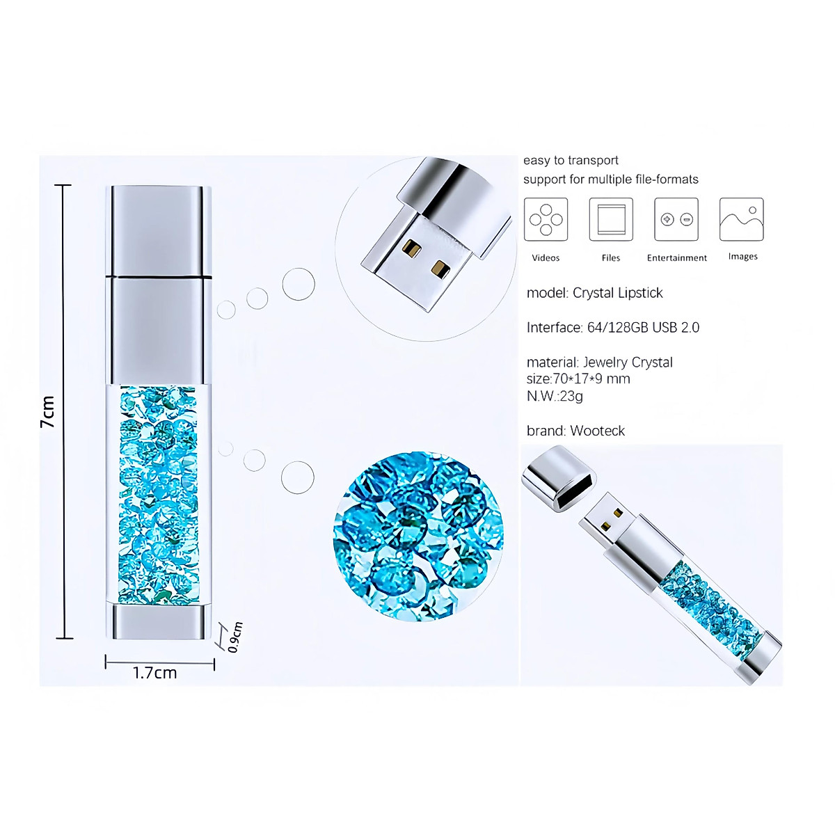WooTeck 128GB Jewelry Crystal Lipstick USB Flash Drive,High Speed Memory Stick Pendrive, Lake Blue