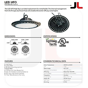 Luminance LED UFO High Bay Light 200W 4000K-5000K EV-U200W_D2DZ, Wet/Dry Location, Rated for 50,000 hrs., CRI 80, Nichia 3030, Black