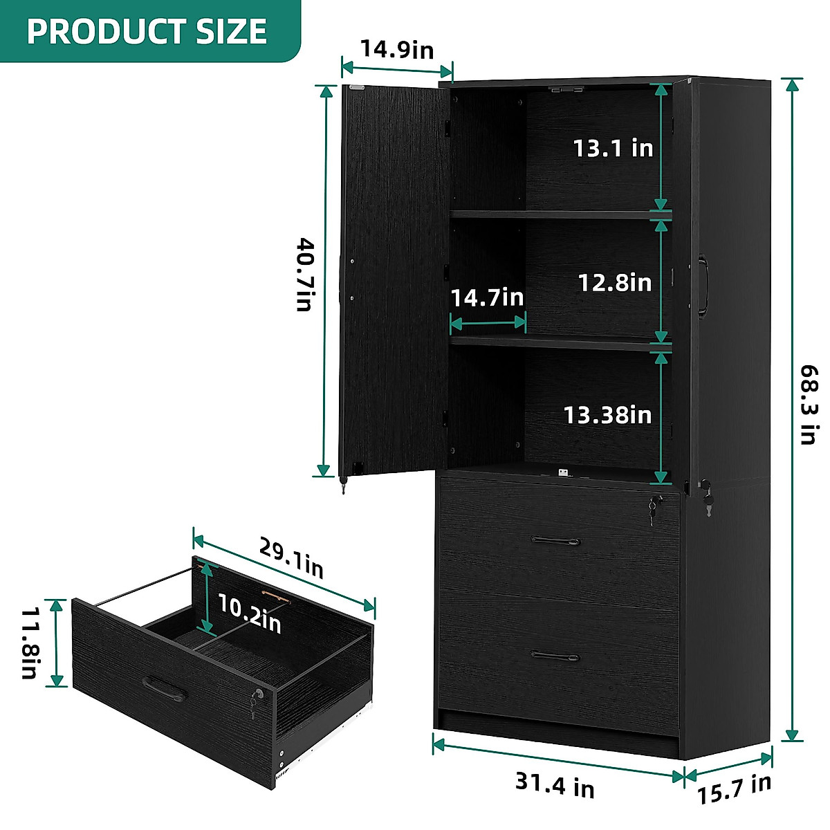 YITAHOME Wood File Cabinets, Heavy Duty Garage Tool Cabinets with Doors & Adjustable Shelves, Big Storage Filing Lockers for Home Office, Living Room, Pantry, Gym, Basement, Warehouse, Black