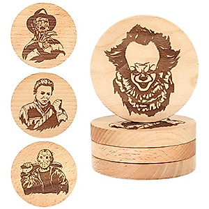Whaline 4Pcs Halloween Wood Coaster Horror Movie Character Wood Round Coasters Halloween Holiday Cup Mat for Drinking Glasses Tabletop Protection Halloween Home Kitchen Office Decor