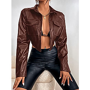 SweatyRocks Women's PU Leather Cropped Coat Casual Button Front Jacket with Bust Pocket Solid Brown M