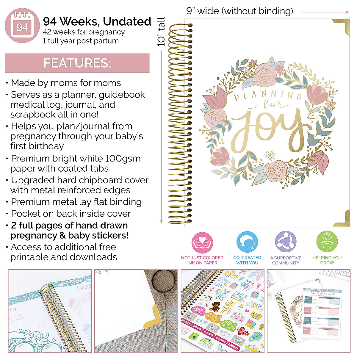 bloom daily planners New Pregnancy and Baby's First Year Calendar Planner & Keepsake Journal with Stickers - Hardcover Scrapbook Memory Book Organizer - Undated - 8” x 10" - Green & Pink
