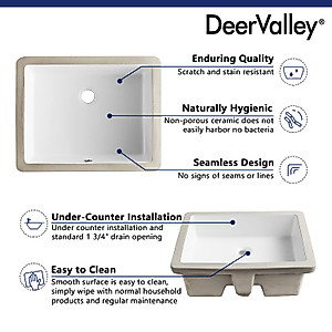 DeerValley DV-1U201 Ursa Rectangular Undermount Bathroom Sink, 20“ Modern Vessel Sink White Undermount Bathroom Sink Rectrangle Porcelain Ceramic Lavatory Vanity Vessel Sink with Overflow