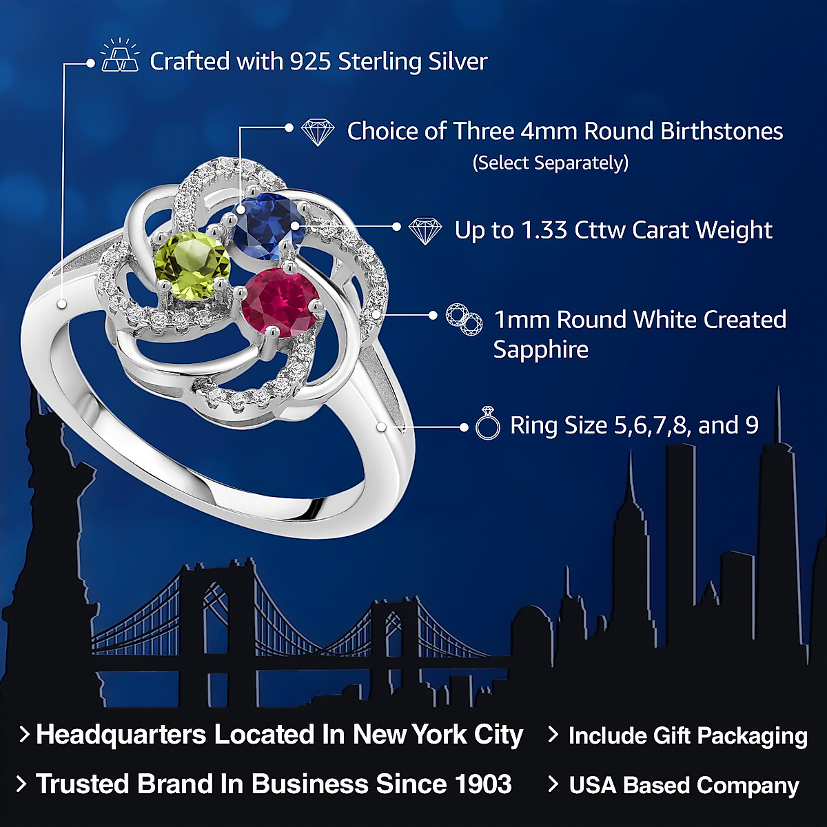 Gem Stone King Customized and Personalized Build Your Own 3 Stone Birthstones White Created Sapphire 925 Sterling Silver Ring For Women (Size 8)