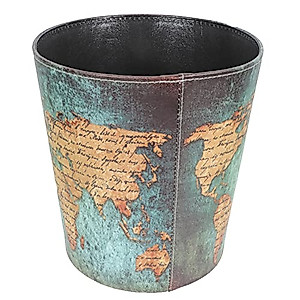 Cabilock Vintage Leather Trash Can European Style Retro Trash Can Waste Paper Basket Waste Can World Map Pattern Waterproof Decorative Wastebin Dustbin Garbage Bin