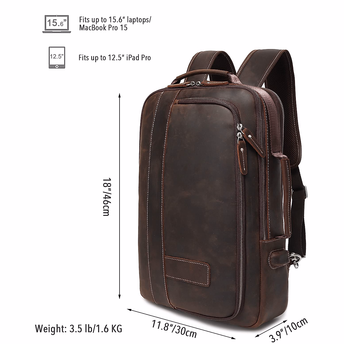 LANNSYNE Men's Full Grain Leather Expandable 15.6 Laptop Backpack Tote Shoulder Travel Bag Rucksack