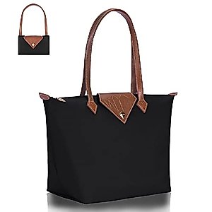 Tote Bag for Women, Large Lightweight Nylon Shoulder Handbags And Travel Work Purse, Foldable With Zipper Top Handle (Black)