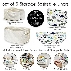 Sweet Jojo Designs Blue Green Modern Dinosaur Boy Woven Storage Basket Set 3pc Cotton Rope Diaper Caddy Bins Baby Nursery Kids Closet Drawer Organizer Liner Turquoise Mod Dino Boho Bohemian Grey White