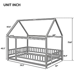 DEYOBED Full House Roof Floor Bed Frame - Wooden Bed with Fence Guardrails, Low Wooden Playhouse Bed for Girls and Boys, Gray Finish