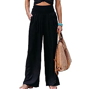 Zontroldy Cotton Linen Wide Leg Pants for Women Casual Elastic High Waist Smocked Palazzo Lounge Pants(0718-Black-XL)