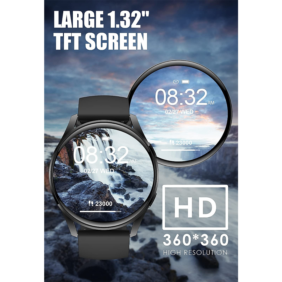 Smart Watch for Men 1.32 inch Full Touch Screen Fitness Tracker with Heart Rate Monitor Sleep Tracking Pedometer Watch Waterproof Smartwatch for iOS Android Phones (Black)