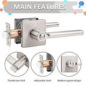 Probrico (5 Pack Square Door Lever Interior Bedroom or Bathroom Lever Door Handle, Privacy Door Lever in Satin Nickel,with Locking Keyless Lever for Right & Left Sided Doors Heavy Duty
