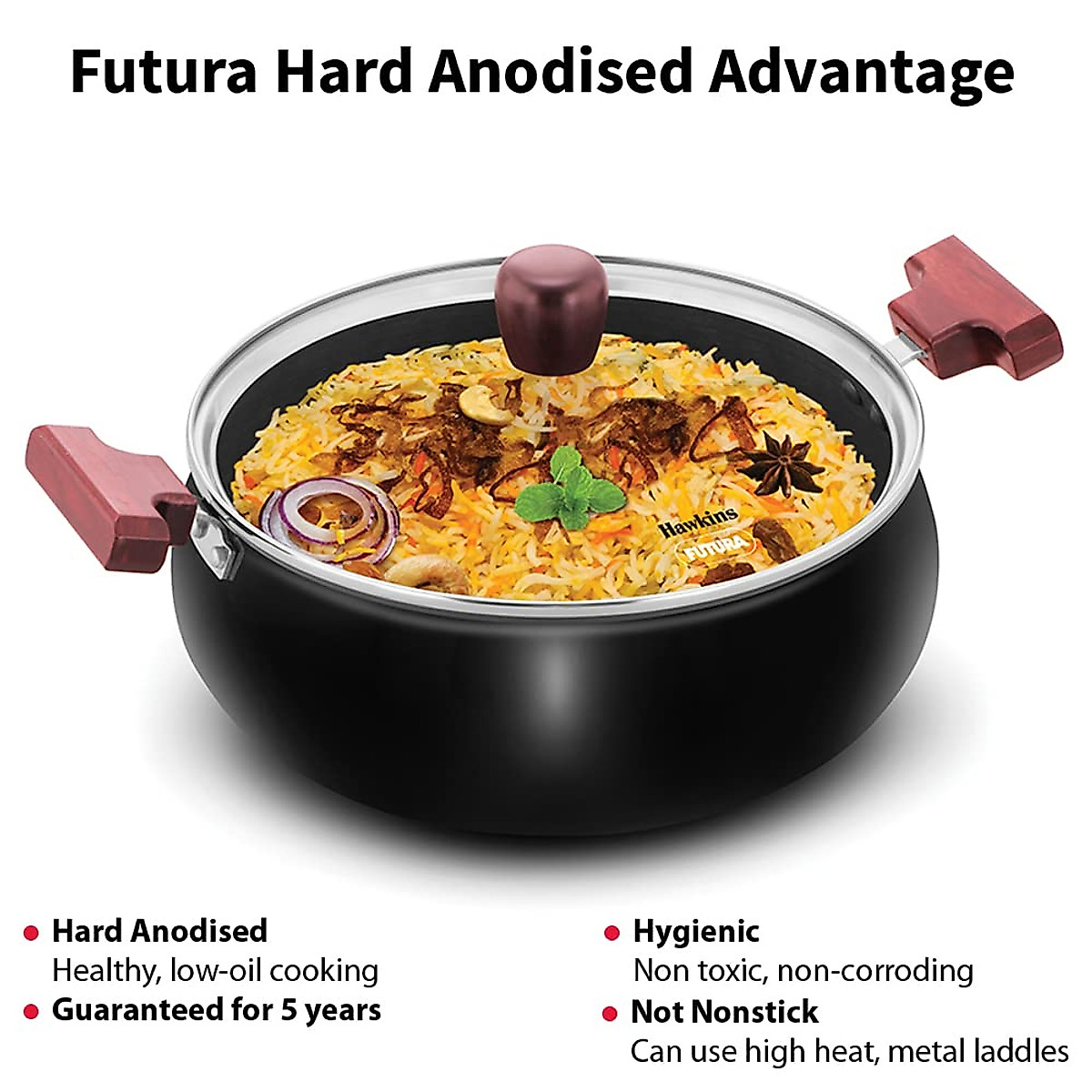 ‎Hawkins Futura 5 Litre Cook n Serve Handi, Hard Anodised Biryani Handi with Glass Lid, Saucepan, Sauce Pan, Black (ACH50G)