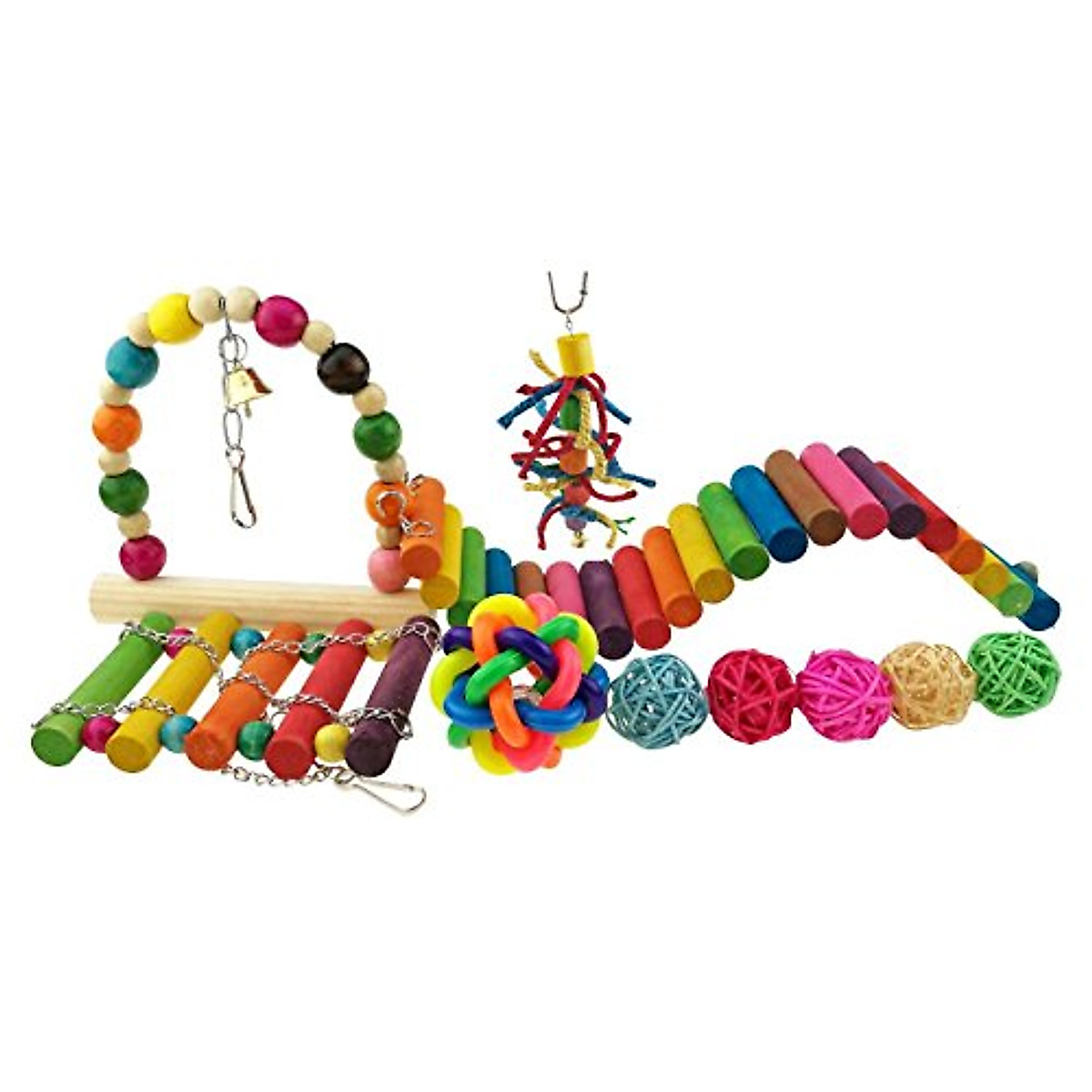 Set of 10 Colorful Pet Toy Wooded Swing Handmade Rattan Chewing Toy Chasing Toy with Bell Rainbow Plank Road for Polly Parrot Bird Hamster Squirrel Toy