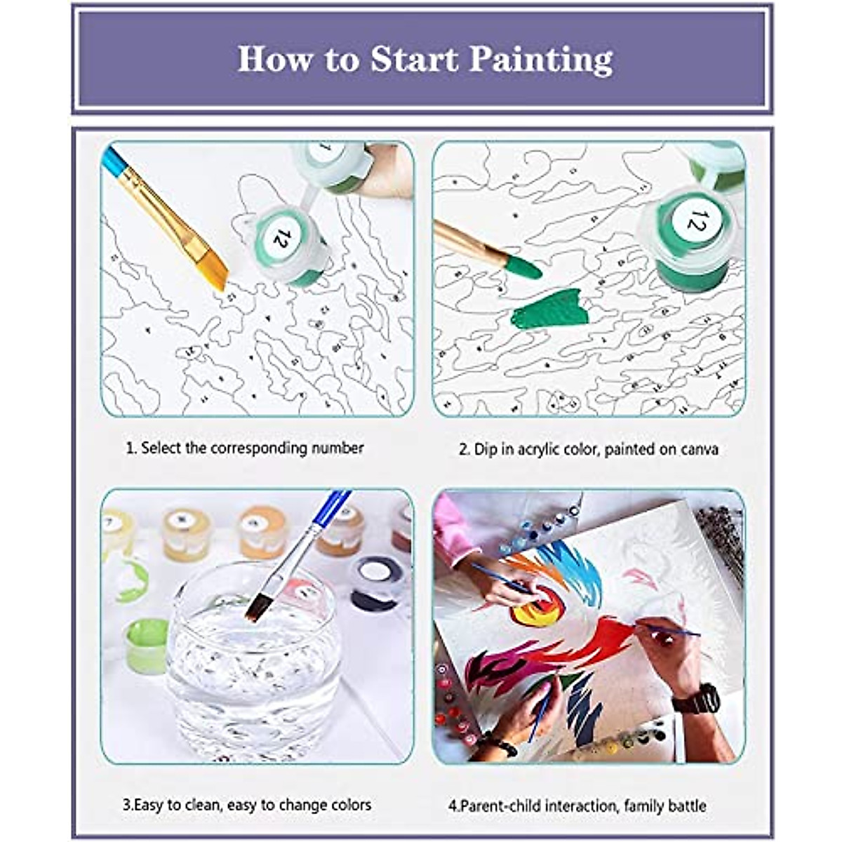 4 Pack Animal Paint by Numbers for Adults Kids Beginner, On Canvas DIY Giraffe Owl Cow Dog Oil Painting for Home Decor 12X16 Inch