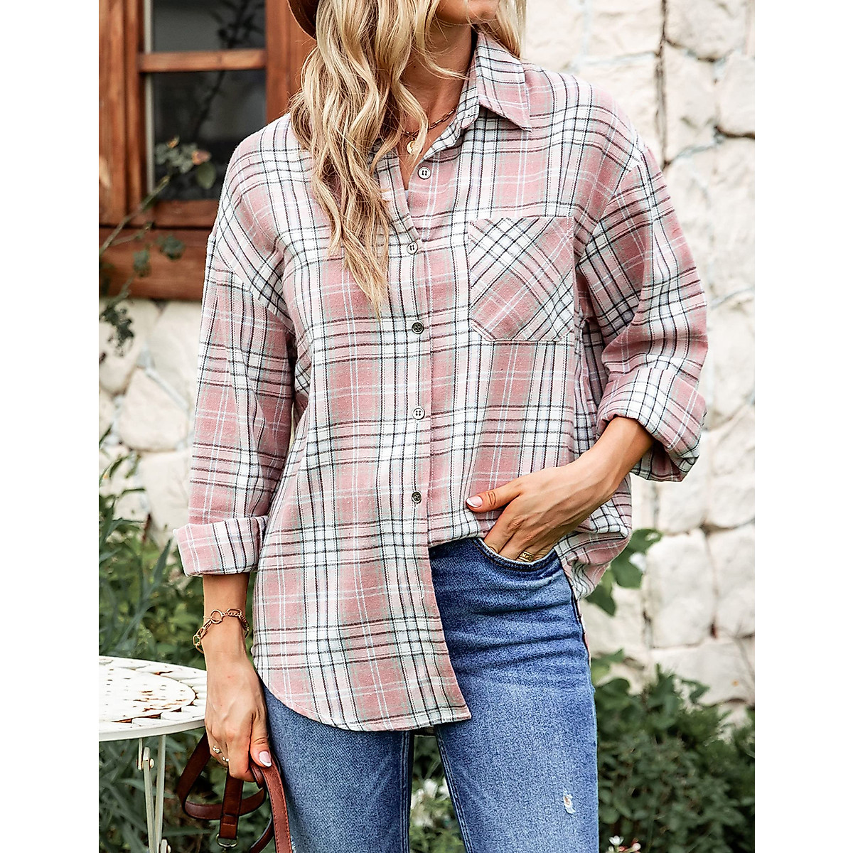 Lumister Oversized Flannel Shirt Women Long Sleeve Plaid Button Down Buffalo Shirt Blouse Tops with One Pocket(0405-Pink-L)