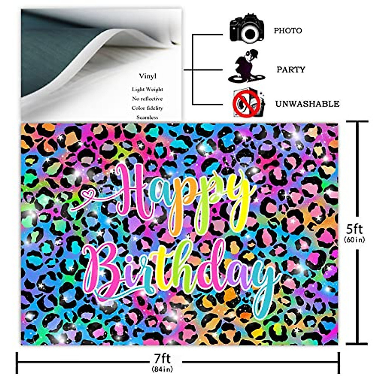Avezano Neon Rainbow Leopard Birthday Backdrop for Girl's Sparkly Paint Splatter Cheetah Party Decorations Photography Background Rainbow Leopard Print Pattern Party Photoshoot Backdrops (7x5ft)