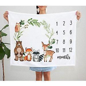 Yuzioey Baby Monthly Milestone Blanket Woodland, Forest Animals Baby Photo Blanket, Gift for New Moms Baby Shower, Watch Me Grow Baby Boy Greenery Woodland Nursery Décor, Includes Marker (50"x40")