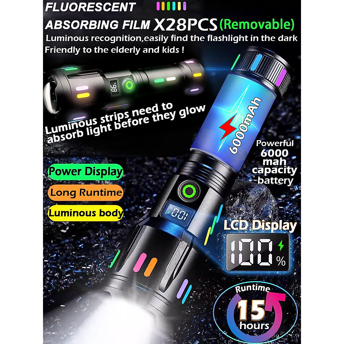 LED Flashlight, Rechargeable Flashlights High Lumens Bright 990000 Lumen, 5 Mode Tactical Flash Light Powerful IPX7 Waterproof Zoomable Focus for Emergency Camping Essential Hiking Gear Fishing Home