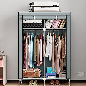 TIE-DailyNec Closet Portable Wardrobe Clothes Storage Organizer with Hanging Rails, Non-Woven Fabric Wardrobe Freestanding Storage Shelves, Durable & Easy Assembly Closet (Silver Gray)