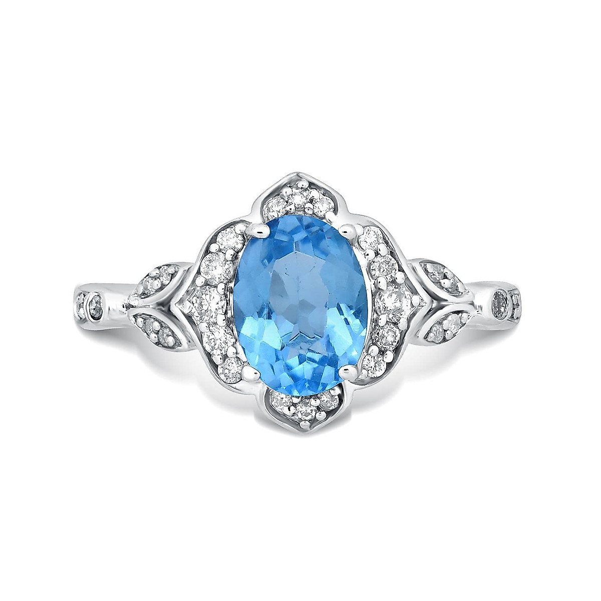 Jewelili Enchanted Disney Fine Jewelry Sterling Silver 1/5 Cttw Diamond and Swiss Blue Topaz Jasmine Ring Size 7