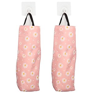 QIANRENON Kitchen Grocery Plastic Trash Bag Holder Washable Wall Mount Folding Little Daisy Storage Bag for Kitchen Bathroom Living Room Office Camper 2 PCS with 2 Hooks (Daisy Pink)