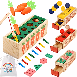 KIZBURG 5 in 1 Object Permance Box, Wooden Montessori Toys for 3 Year Old, Ball Drop, Coin Drop Game, Stacking Toys, Christmas Birthday Gifts for Toddlers
