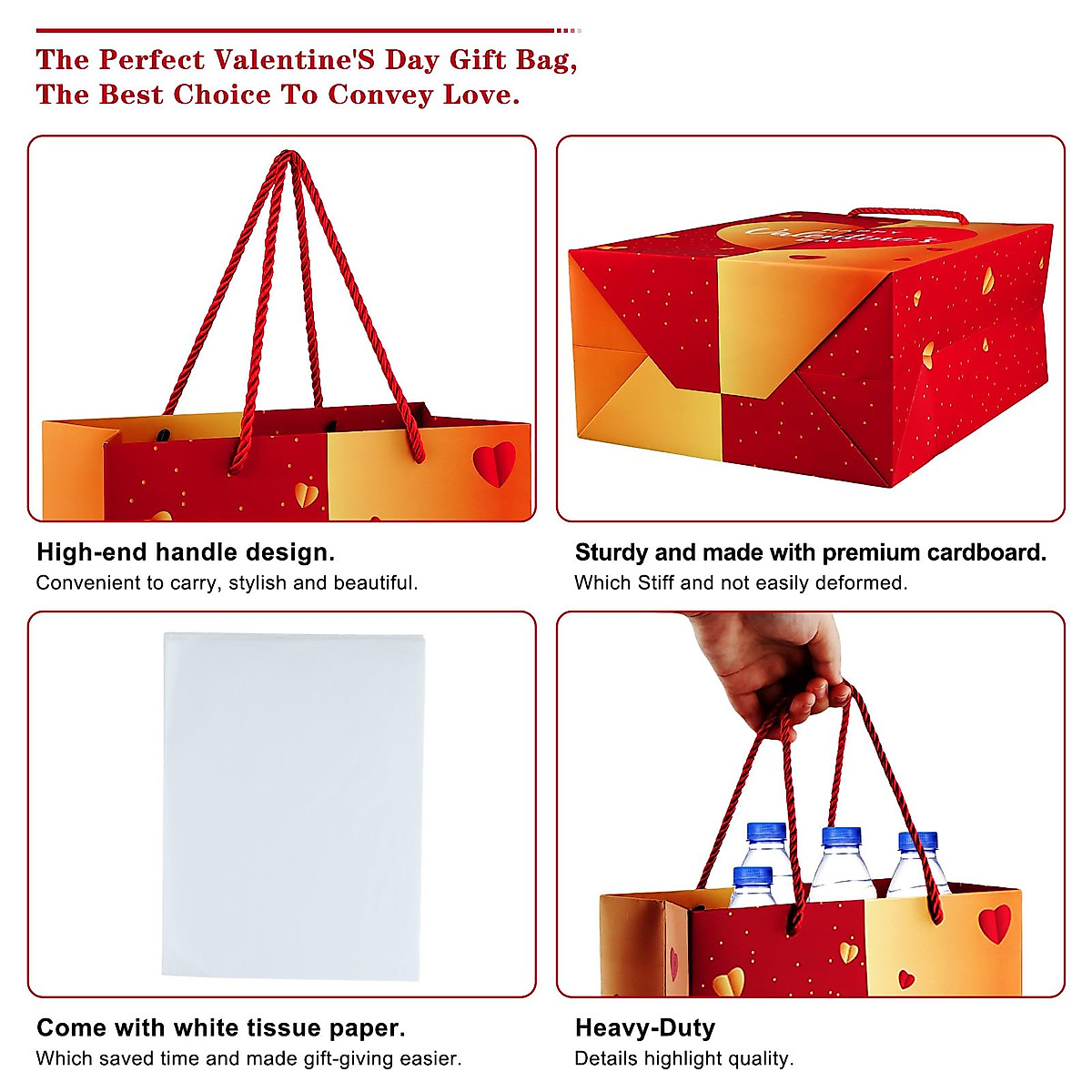 WhatSign Valentines Day Gift Bags Love You 13" Large Gift Bags with Tissue Paper and Card for Her Him Valentine's Paper Gifts Bags with Handles for Valentine's Day Anniversary Wedding Birthday Party