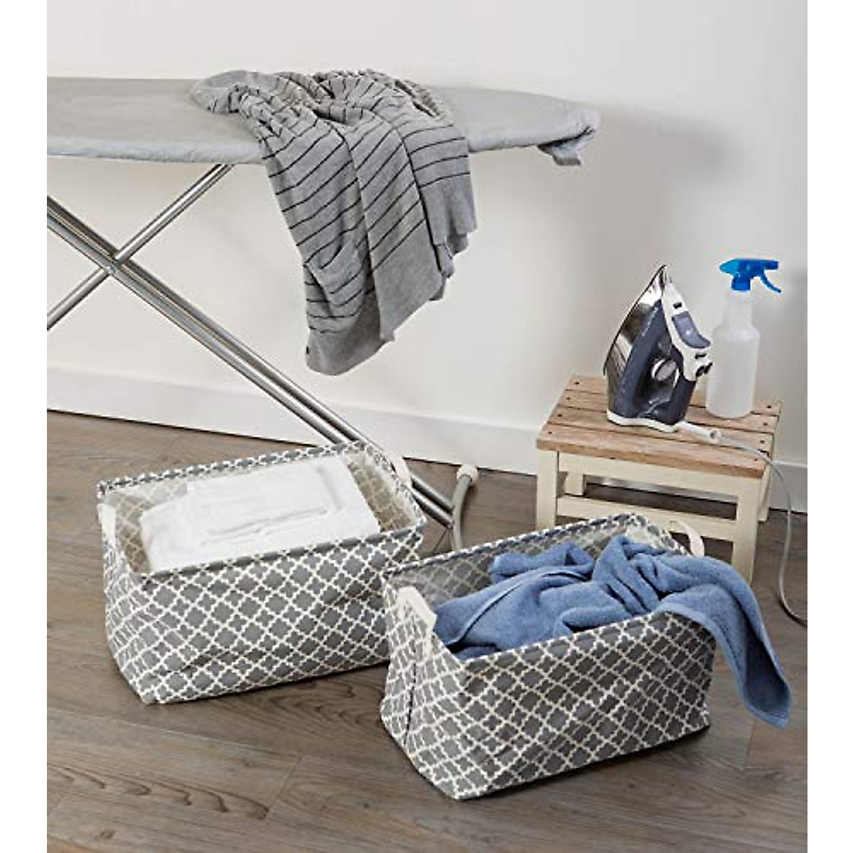 DII Laundry Storage Collection, PE Coated Collapsible Bin with Handles, Gray Lattice, Large Set, 10.5x17.5x10"