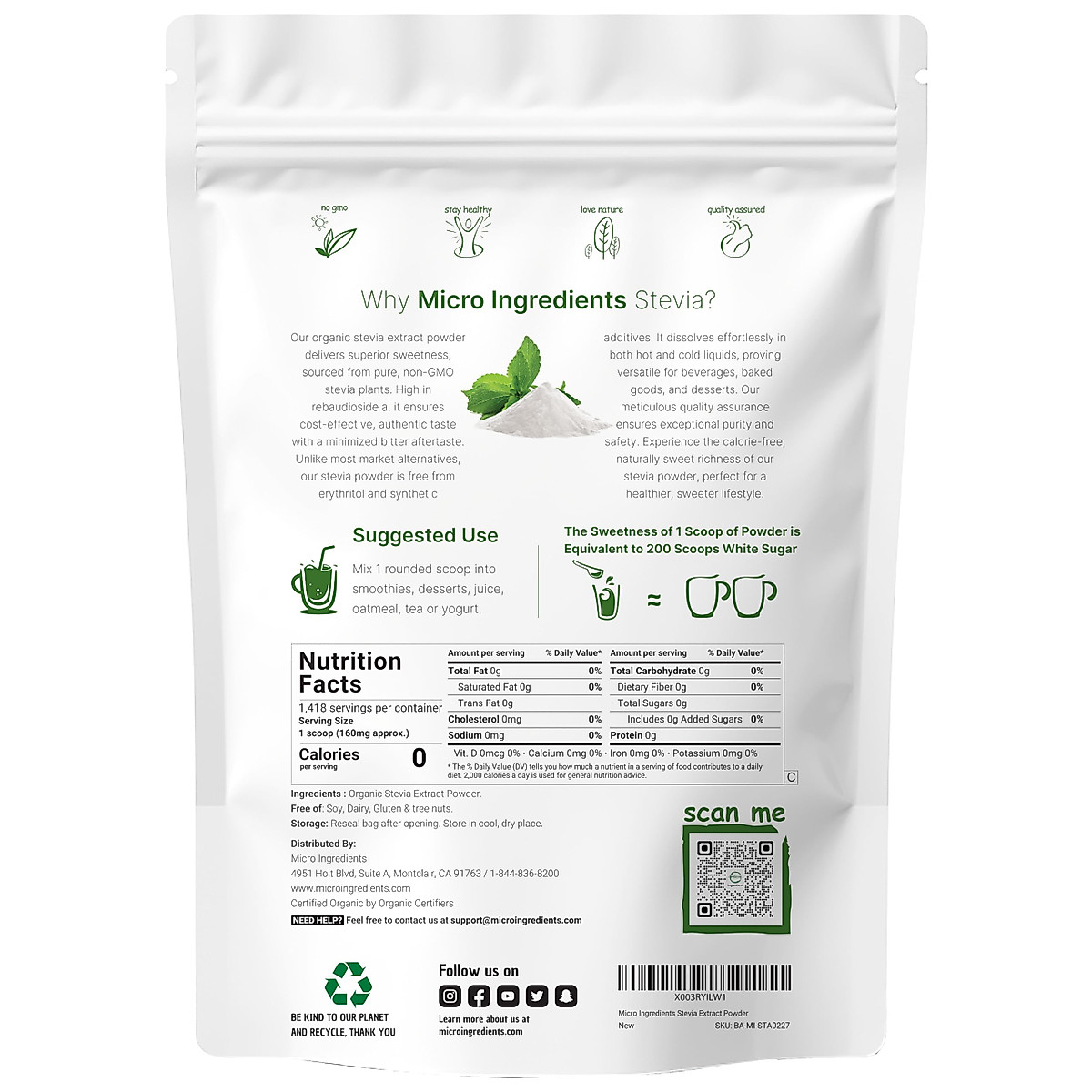 Pure Organic Stevia Powder, 8 Ounces, 1418 Serving, High Grade Stevia Green Leaf Extract Reb-A, Reduced Bitter Aftertaste, 0 Calorie, Natural Sweetener, Sugar Alternative, Keto Friendly