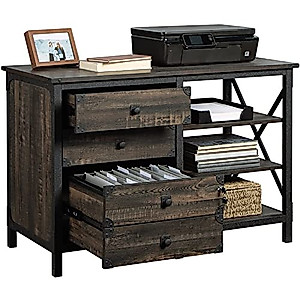 Sauder Steel River Industrial Metal & Wood Credenza with Drawers, Carbon Oak Finish