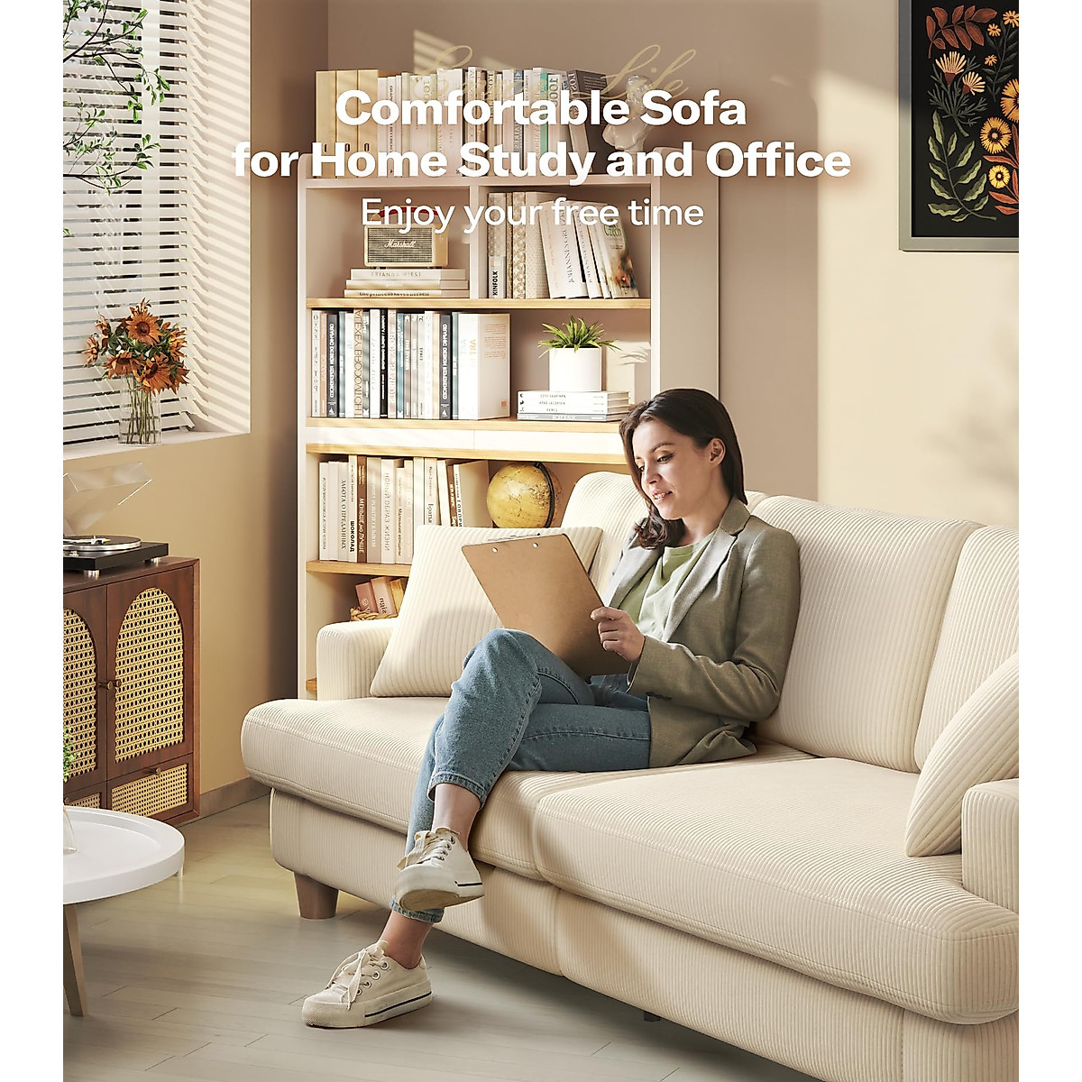 Kidirect 87in Beige White Sofa, Couches for Living Room 21in Extra Deep Seats, Comfy Corduroy Sofas for Living Room No Tool Assembly, Modern Oversized Love Seat with 2 Pillows, Sofa Couch for Bedroom