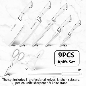 9Pcs White Kitchen Knife Set, DUFEIMOY Chef Knife Set Professional, Stainless Steel Knife Block Set with Scissors, Peeler and Knife Sharpener Rod for Cooking Meat Cutting