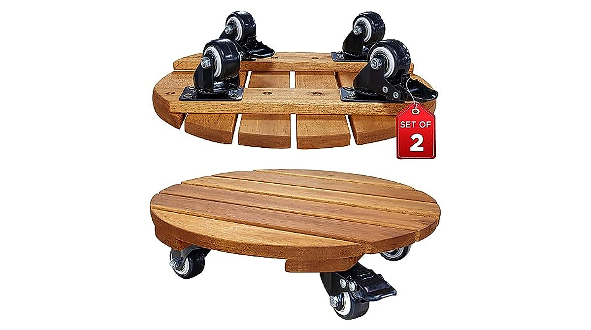 Idzo 2-Pack Heavy Duty Wood Plant Caddies with Lockable 360° Wheels