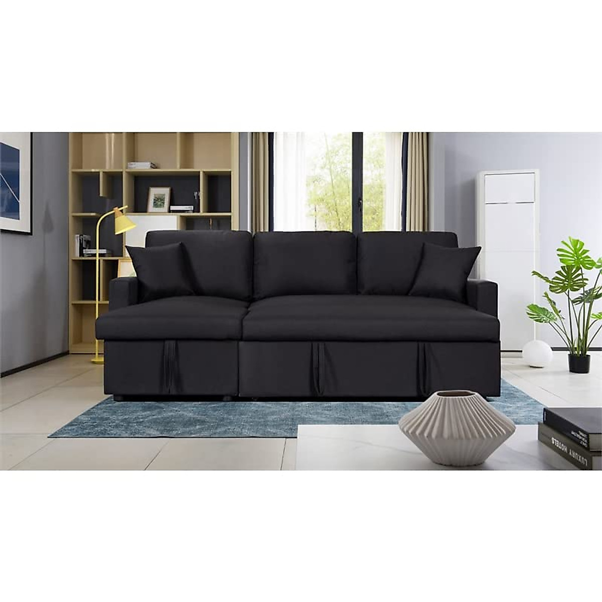 Pemberly Row Black Fabric Reversible Sleeper Sectional Sofa w/Storage Chaise