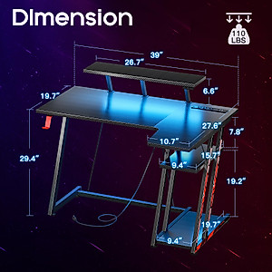 MOTPK Small Gaming Desk with LED Lights & Power Outlets, 39 Inch L Shaped Gaming Computer Desk with Storage Shelf, Gamer Desk with Monitor Stand, PC Gaming Table with Carbon Fiber Texture, Black