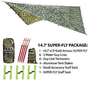 Gold Armour Rainfly Tarp Hammock, Premium 14.7ft/12ft/10ft/8ft Rain Fly Cover, Waterproof Ultralight Camping Shelter Canopy, Survival Equipment Gear Camping Tent Accessories (Camouflage 14.7ft x 12ft)